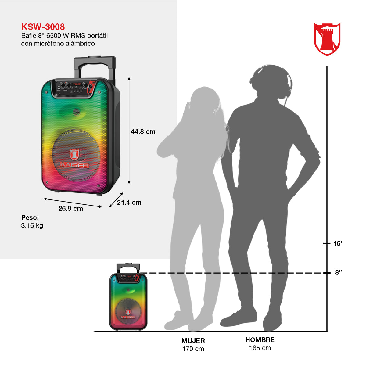 Bafle 8" 20 W RMS portátil con micrófono alámbrico – KAISER