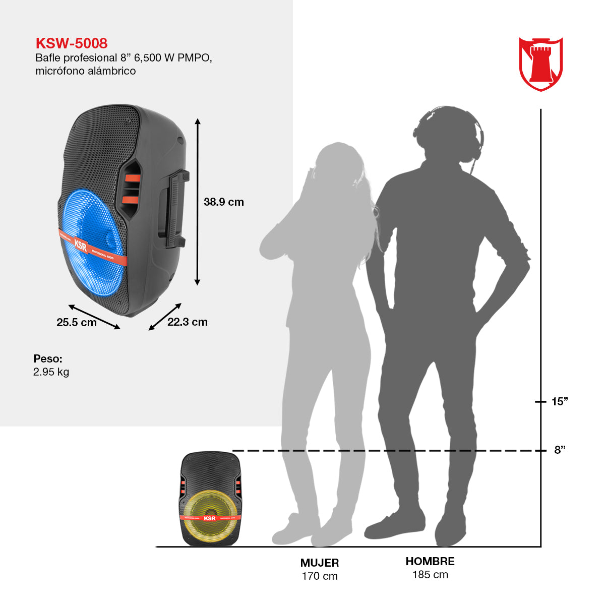 Bafle profesional 8” 6,500 W PMPO, micrófono alámbrico – KAISER